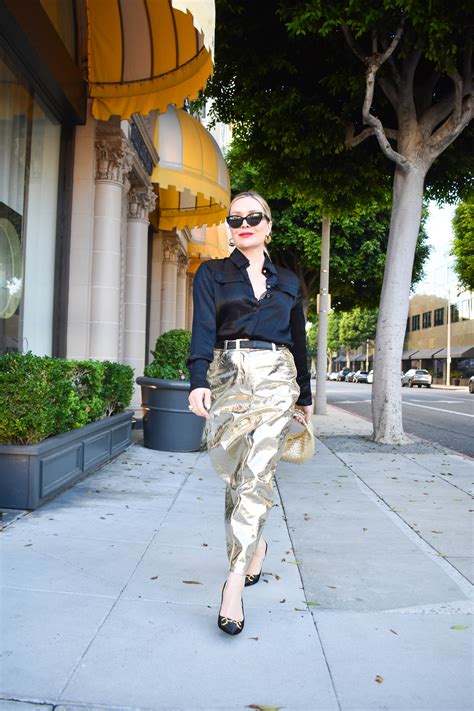 Gold Faux Leather Skirt Black Shirt The Hunter Collector