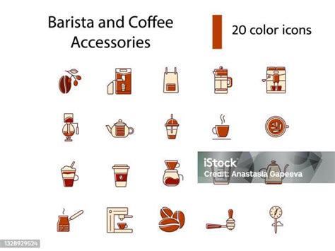 전문 바리스타 액세서리 플랫 아이콘 세트 커피 제조 기기 격리된 벡터 스톡 일러스트레이션 개념에 대한 스톡 벡터 아트 및 기타