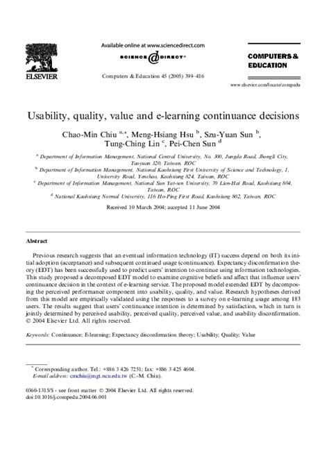 Pdf Usability Quality Value And E Learning Continuance Decisions