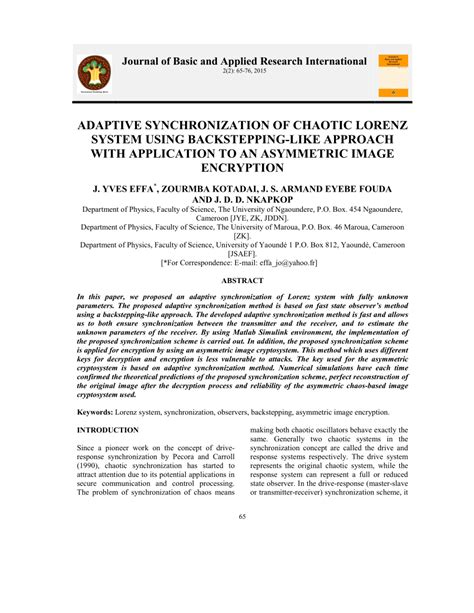 pdf adaptive synchronization of chaotic lorenz system using