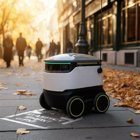 Self Driving Delivery Robot On Urban Sidewalk Futuristic Technology Automated Logistics Smart