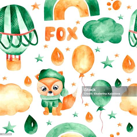 풍선 여우 무지개 구름 별이있는 원활한 수채화 패턴 풍선 어린이 의류 직물 객실 장식을위해 하늘에 여우가있는 어린이 그림 0명에 대한 스톡 벡터 아트 및 기타 이미지