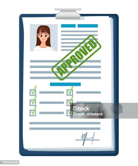 승인 된 도장이 있는 신청서 문서 허용 된 응용 프로그램 또는 이력서 체크 박스와 사진이 있는 종이 양식 흰색 바탕에 평면 벡터 일러스트 레이 션 검사 보기에 대한 스톡