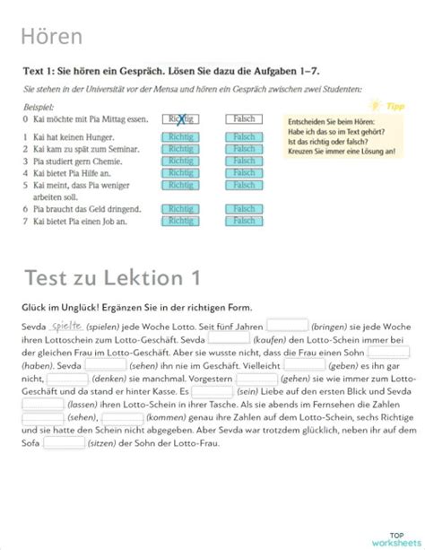 Test Zu Lektionen 1 Und 2 B1 Interaktives Arbeitsblatt Topworksheets