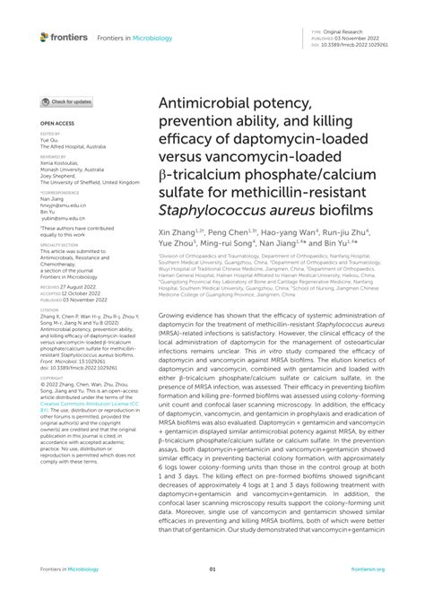 Pdf Antimicrobial Potency Prevention Ability And Killing Efficacy Of Daptomycin Loaded
