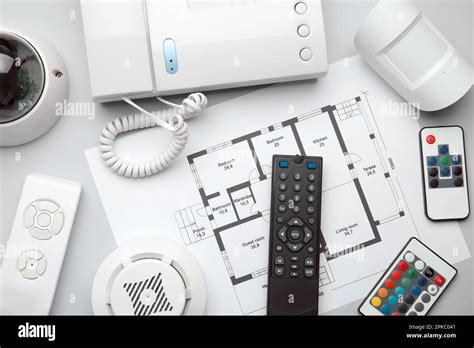 Remote Controls Intercom Building Plan Smoke And Movement Detectors On White Background Flat
