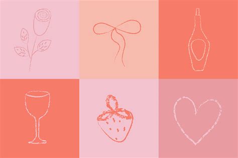 기하학적 발렌타인 데이 요소 세트입니다 크레용 낙서 하트 그림입니다 그런 지 손으로 그린 사랑 장미와 와인 로맨스 그래픽 장식 현대적인 타일을 사용한 간단한 웨딩 페인트