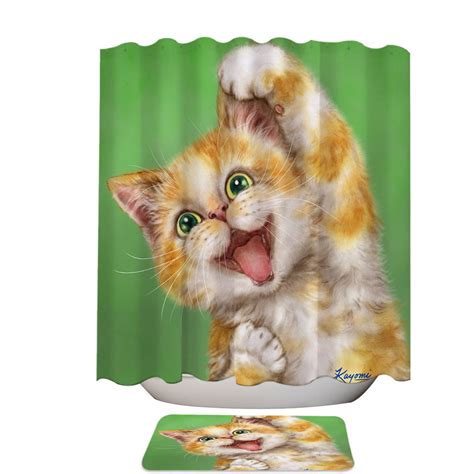 Funny Kittens Joyful Ginger Kitty Cat Over Green Shower Curtain