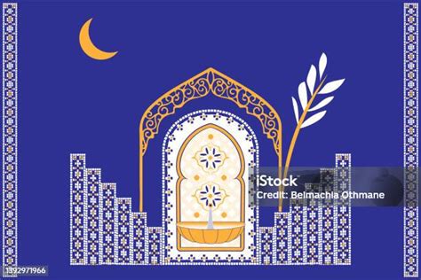 모로코 장면 세트 집 문 창문 및 전통적인 모자이크 패턴 이슬람 창과 문 모양 세트 아랍어 문과 창문의 실루엣은 파란색과 금색으로 채색되어 있습니다 벡터 일러스트레이션