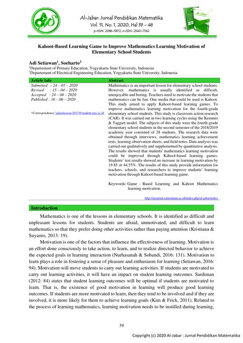 Pdf Kahoot Based Learning Game To Improve Mathematics Learning Motivation Of Elementary School