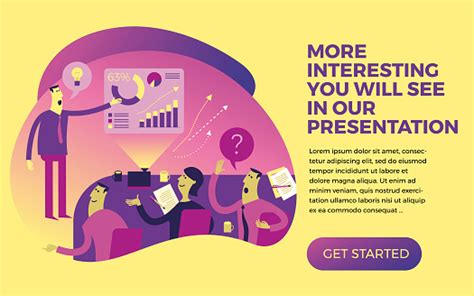 비즈니스 상황의 삽화와 함께 비즈니스 인포 그래픽입니다 남자는 청중 앞에서 프로젝트를 방어 아이디어 발표회입니다 투자 위원회에 대 한 시작 프로젝트의 보고서 플랫 디자인의