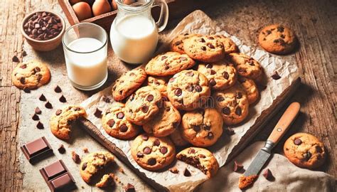 Side Views Of Stacked Chocolate Chip Cookies With Milk On A Rustic