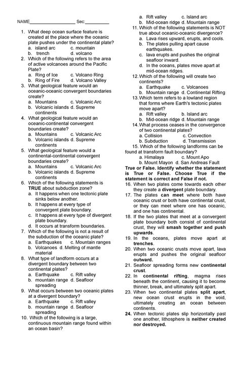 Quiz No 2 Geologic Processes NAME Sec What Deep Ocean Surface
