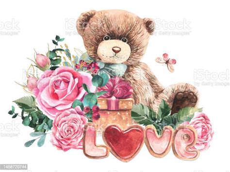 부드러운 곰 장미 유칼립투스 가지 황금 요소 및 선물 상자의 구성 흰색 배경에 수채화 그림입니다 낭만적 인 엽서 결혼식에 대한 스톡 벡터 아트 및 기타 이미지 Istock