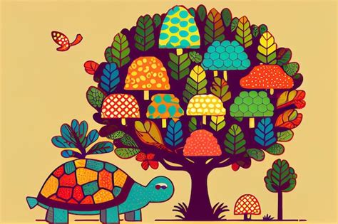 Premium AI Image A Colorful Illustration Of A Turtle Under A Tree With A Pattern Of Mushrooms