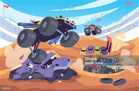 몬스터 트럭 쇼 Monstertruck 점프 경기장 경기장 큰 바퀴 타이어 충돌 자동차 점프 뜨거운 스턴트 근육 모터 빅풋 차량 고급 벡터 일러스트 레이 션을 가진 만화