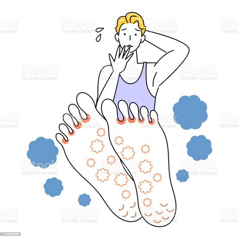 스킨 케어에 의해 발바닥의 물 버그 업 일러스트가된 것을 슬프게 하는 스킨 케어 귀여운 남자 그의 발이 운동 선수의 발을 가지고 있기 때문에 슬픈 귀여운 사람 다리를 꼬고