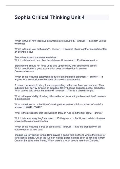 Sophia Critical Thinking Unit 4 Questions And Answers 100 Correct Sophia Stuvia Us