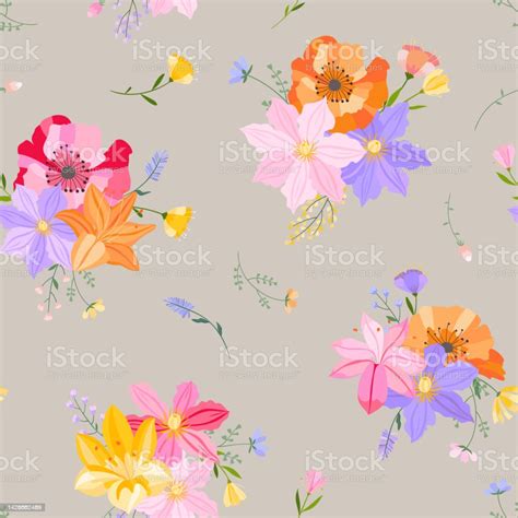 벡터 꽃 이음새가 없는 패턴 잎 야생화 나뭇 가지 꽃꽂이 세트 회색 배경에 들판의 잔디와 밝은 봄 꽃의 아름다운 구성 0명에 대한 스톡 벡터 아트 및 기타 이미지 Istock