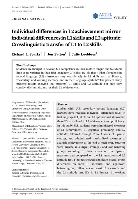 Pdf 5 Individual Differences In L2 Achievement Mirror Individual Differences In L1 Skills And