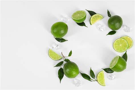 신선한 라임 잎 및 얼음 조각의 프레임은 흰색 배경 평평하게 놓여 있습니다 텍스트를 위한 공간 0명에 대한 스톡 사진 및 기타 이미지 Istock