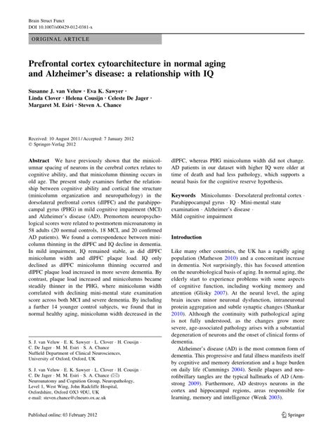 Pdf Prefrontal Cortex Cytoarchitecture In Normal Aging And Alzheimer