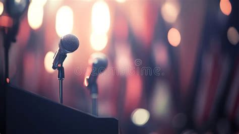 Empty Podium With Microphones Ready For A Speech Concept Of Public Speaking Political