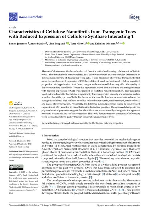 Pdf Characteristics Of Cellulose Nanofibrils From Transgenic Trees With Reduced Expression Of