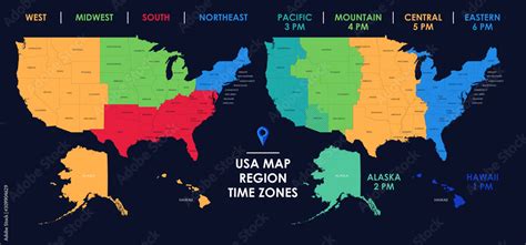 Detailed Map Of Us Regions And Time Zones Colorful Infographics Of The