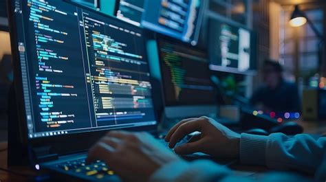 Cuttingedge Tech Professional Coding Vibrant Uiux Designs On Dual Monitors Premium Ai