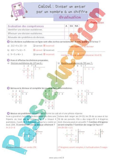 diviser un nombre entier par un nombre à un chiffre Évaluation de calcul pour le cm2 pdf à