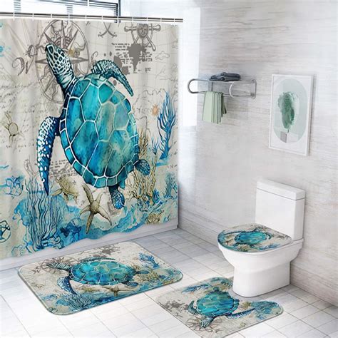 Artsocket 4pc Shower Curtain Set With Rugs Sea Turtle Blue