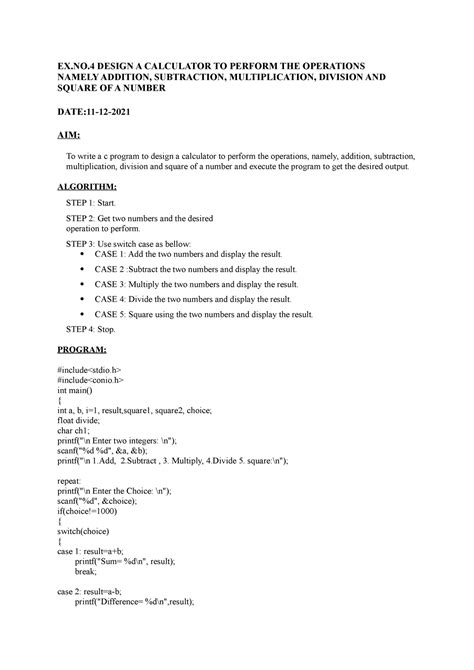 Lab Exercise 4 Exercise Problems For Week 4 EX NO DESIGN A CALCULATOR TO PERFORM THE