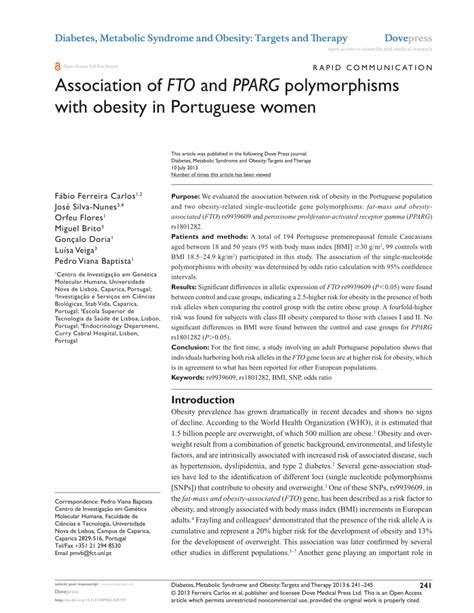 Pdf Association Of Fto And Pparg Polymorphisms With Obesity In Portuguese Women