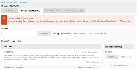 installer module cannot download new projects or update modules