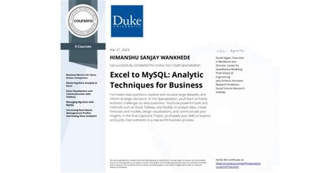 Completion Certificate For Excel To Mysql Analytic Techniques For