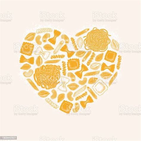 다양한 이탈리안 파스타 하트 모양 파스타의 다른 종류 각인된 스타일 일러스트레이션입니다 사랑에 대한 스톡 벡터 아트 및 기타 이미지 Istock