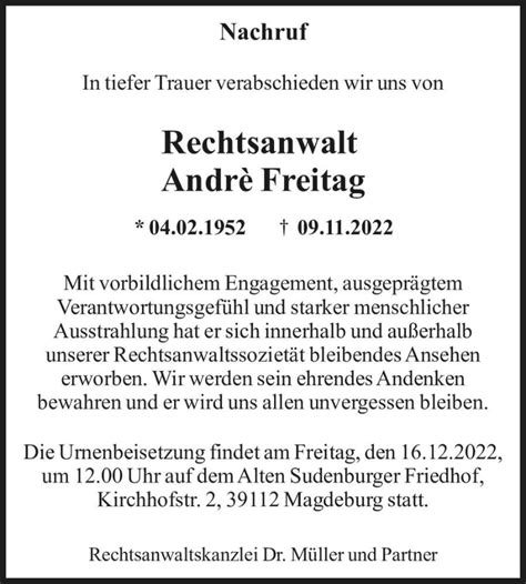 Traueranzeigen Von Andrè Freitag Abschied Nehmende