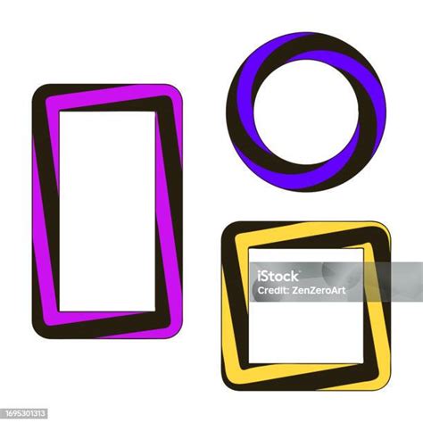 프레임 테두리 세트 소용돌이 효과 환상 낙서 선 획 밝은 8090년대 색상 원형 화환 정사각형 직사각형 기하학적 모양 텍스트 공간의 빈 프레임 0명에 대한 스톡 벡터 아트