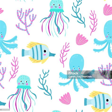 문어 원활한 패턴입니다 일각고래와 거북이 물고기 꼬리를 가진 만화 고양이 귀여운 바다 생물 아름다운 신화 속 생물이 있는 패브릭