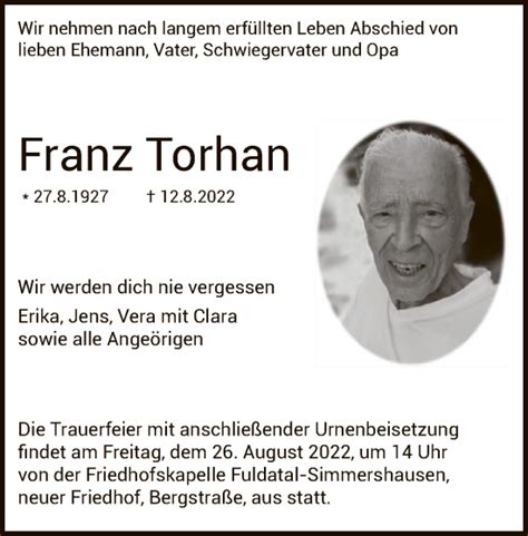 Traueranzeigen Von Franz Torhan Trauer HNA De