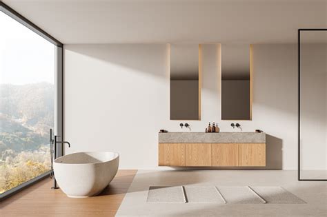 독립형 욕조 미니멀한 세면대 경치 좋은 전망을 감상할 수 있는 대형 창문이 있는 현대적인 욕실 3d 렌더링 0명에 대한 스톡 사진 및 기타 이미지 Istock