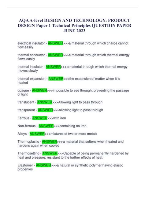AQA A Level DESIGN AND TECHNOLOGY PRODUCT DESIGN Paper Technical Principles QUESTION PAPER
