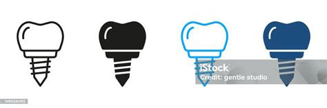 치과 나사 임플란트 실루엣과 라인 아이콘 설정 복원 및 치아 관리 픽토그램 치과 치료 기호 컬렉션 구강 의학 의치 기술 격리된 벡터 그림 건강 진단에 대한 스톡 벡터 아트