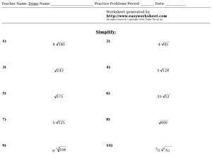 Easy Worksheet Simplifying Radicals Worksheet For 9th 12th Worksheets Library
