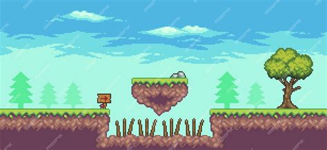 Premium Vector Pixel Art Arcade Game Scene With Tree Floating Island