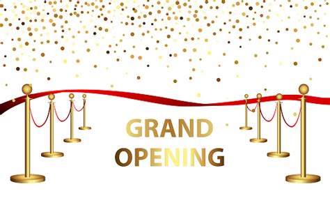 그랜드 오프닝 검은 색 배경에 황금 색종이와 빨간 실크 리본 취임 배너 오프닝 축 하 리본에 대한 스톡 벡터 아트 및 기타