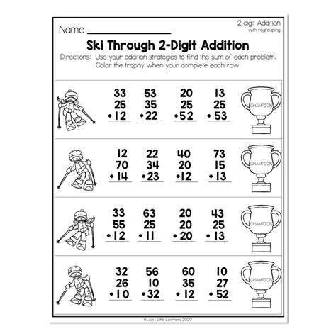 2nd Grade Math Worksheets 2 Digit Addition With Regrouping Ski Through 2 Digit Addition