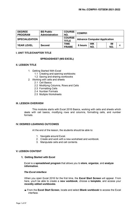 IM 4 Excel Intro To Multiple Ws DEGREE PROGRAM BS Public Administration COURSE NO COMP