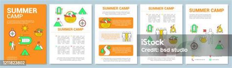 여름 야외 모험 캠프 브로셔 템플릿 레이아웃입니다 전단지 소책자 선형 그림이있는 전단지 인쇄 디자인 잡지 연례 보고서 광고 포스터에 대한 벡터 페이지 레이아웃 A4 용지에